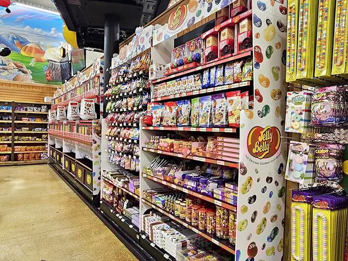 Welcome to candy heaven! Jelly Belly beans and sweet treats line the walls like an edible art gallery.
