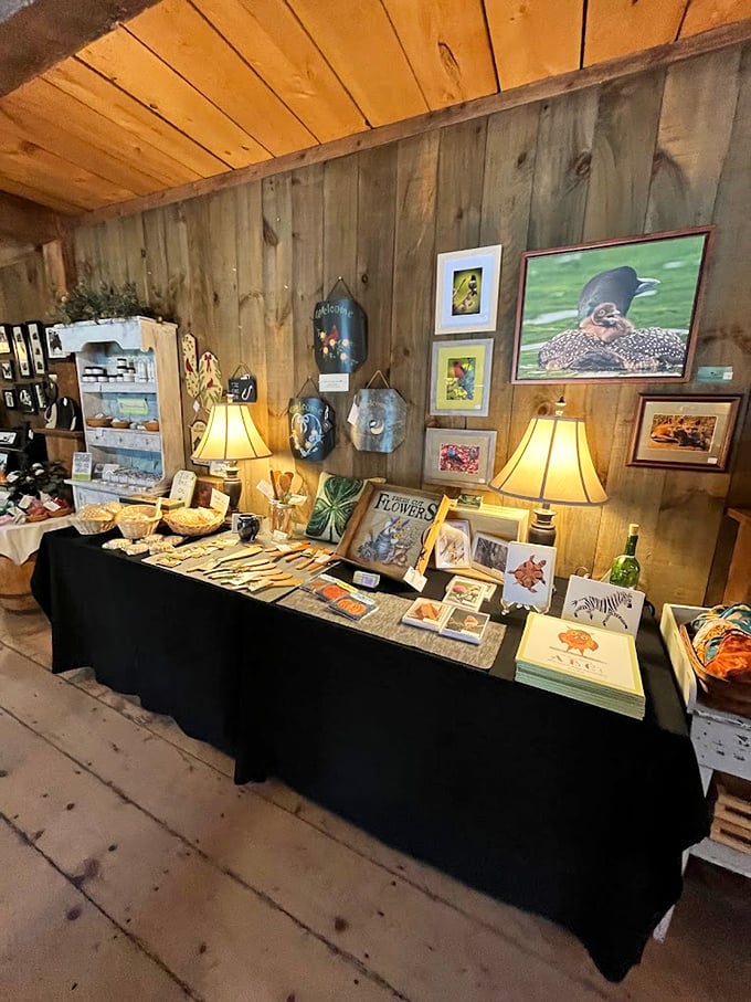 Local artwork and handcrafted wares line the walls, creating an atmosphere that's part gallery, part treasure hunt, all Vermont.