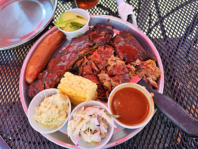 Holy smokes! This barbecue plate is so loaded, it could probably qualify for its own zip code. Prepare for a delicious food coma!