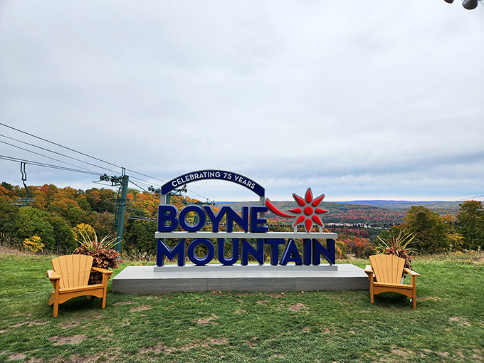 Boyne Mountain's sign stands proud, a wooden sentinel guarding the gateway to alpine adventures. Let the good times roll... or ski... or hike!