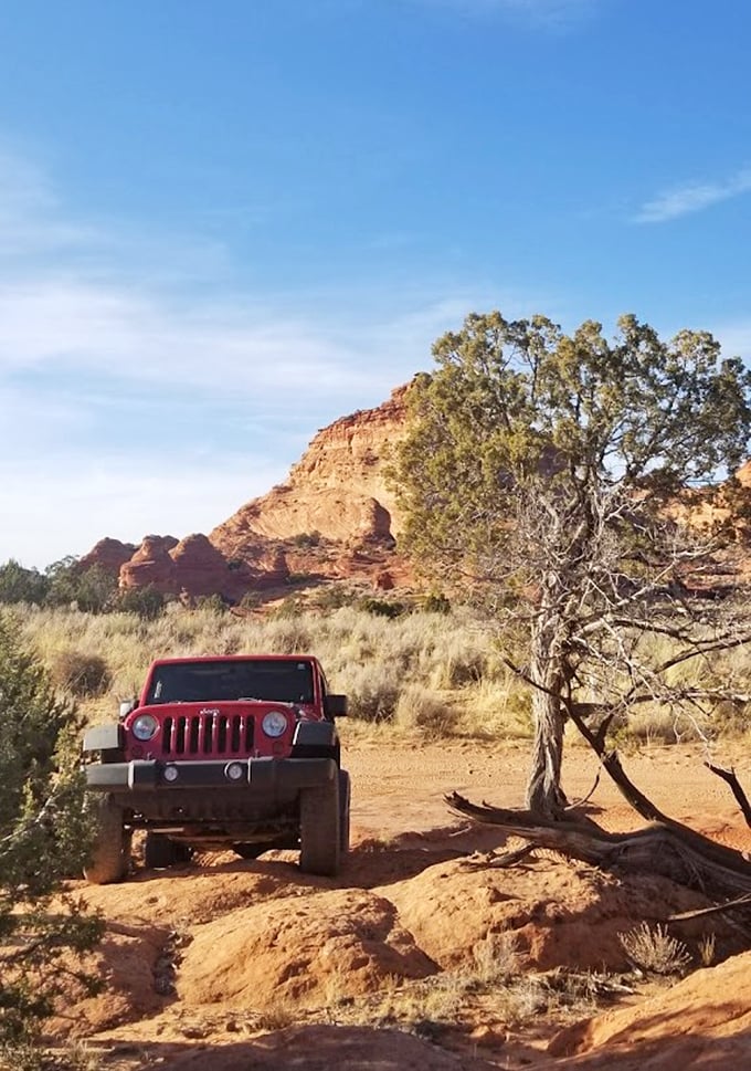 A red Jeep finds its natural habitat among the rust-colored cliffs, ready for adventure in this geological playground.