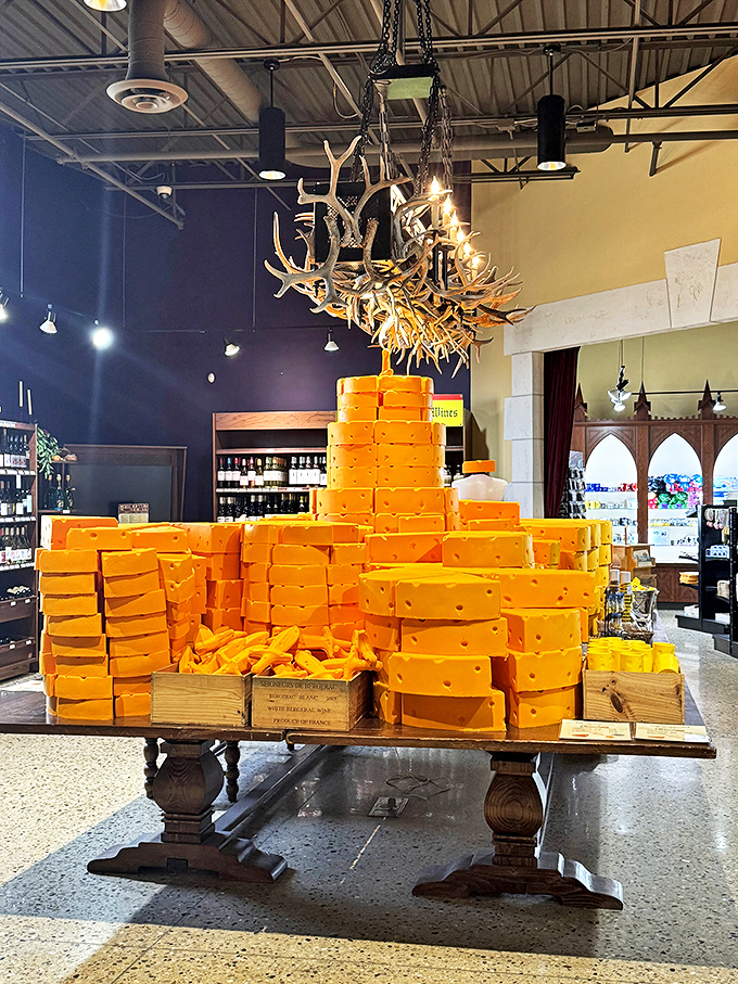 Behold the Great Wall of Cheddar! This impressive display is like a cheese lover's version of climbing Everest - a real bucket list moment. 