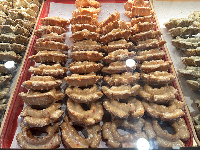 Cherry old-fashioned donuts, lined up like sweet soldiers. They're not your grandma's fruitcake, that's for sure!