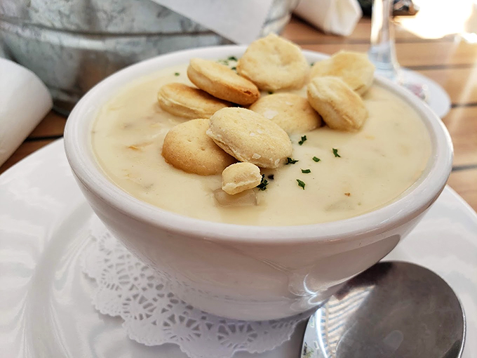 A bowl of pure comfort: Creamy clam chowder topped with oyster crackers that float like little boats on a sea of deliciousness. Photo credit: Cheryl Kozlosky