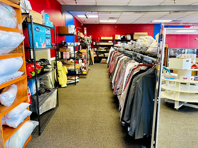 Neatly arranged racks showcase a rainbow of clothing options, while red shopping carts stand ready for fashion-hunting expeditions.