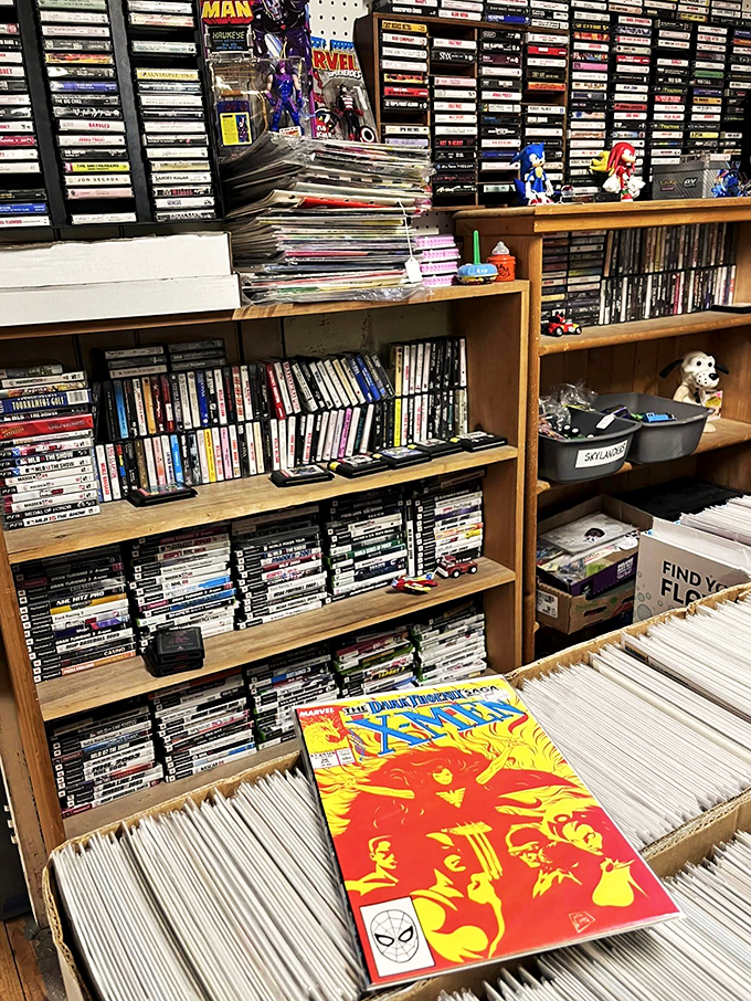 A superhero's paradise of vintage comics lines the shelves, each page holding adventures from decades past.
