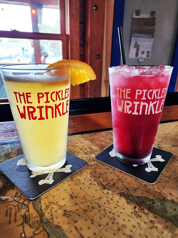 Refreshing cocktails in branded glasses prove that even beverages dress up for dinner at The Pickled Wrinkle.