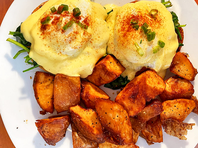 Hollandaise cascades like a golden waterfall over perfectly poached eggs, while home fries stand ready for their supporting role.