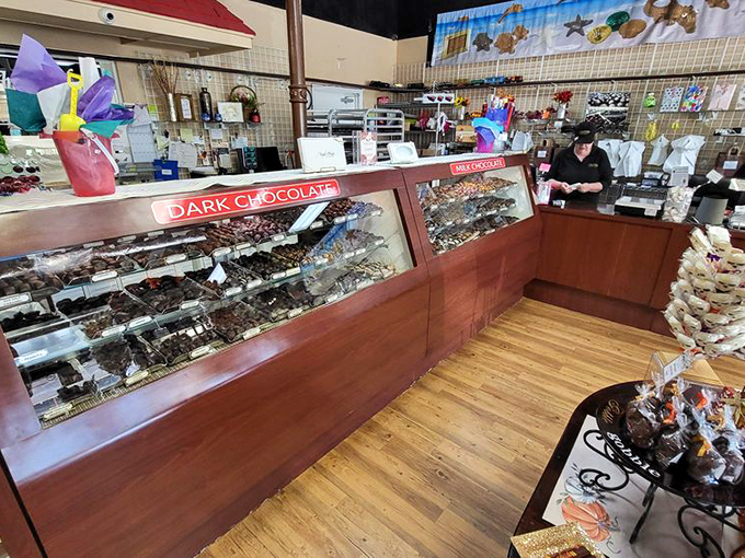 Front Counter Dark chocolate paradise! This counter is where willpower comes to die and chocolate dreams come true. Resistance is futile, my friends.