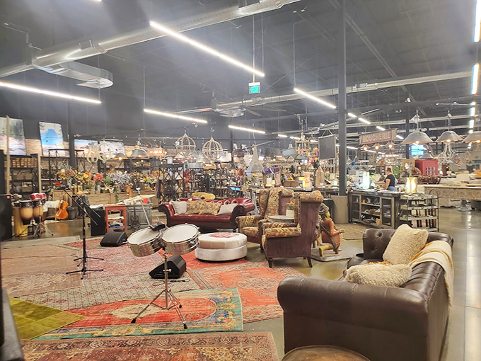 Eclectic treasures abound! From funky lamps to vintage signs, this corner is a feast for the eyes and a playground for your inner decorator. Photo credit: George Duchene