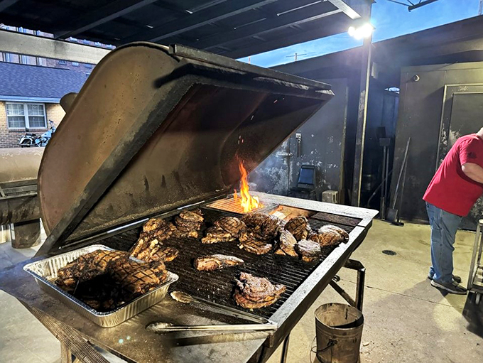 Where the magic happens! This grill is working harder than a politician during election season, turning out perfectly seared steaks.