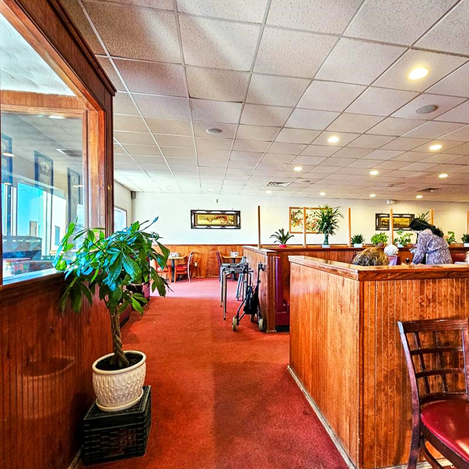 Warm wood paneling and potted plants create an oasis of calm that feels like stepping into your favorite aunt's dining room.