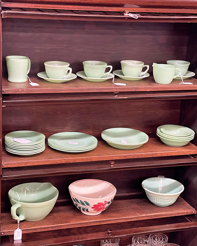 Mint-green vintage dishes and delicate teacups whisper tales of countless Sunday dinners and afternoon tea parties gone by.