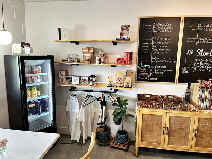 A carefully curated corner of coffee essentials and local goods tells the story of artisanal care.