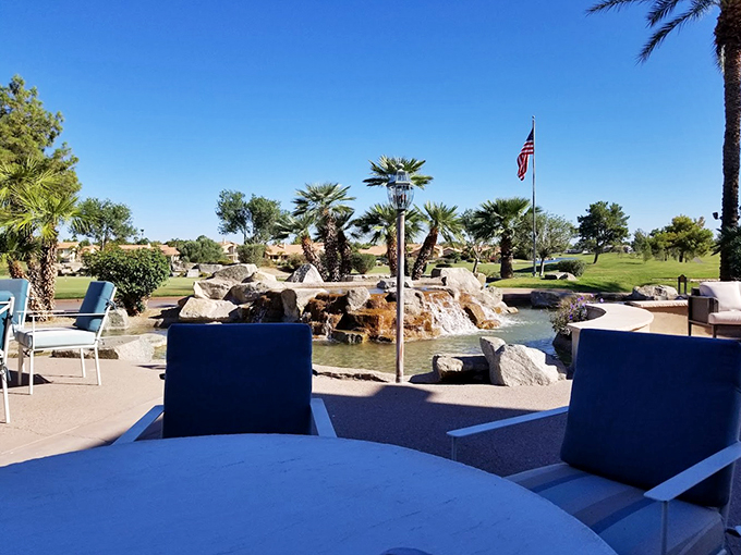 Oasis alert! This mini waterfall brings a touch of tropical paradise to the desert. Perfect for cooling off after a heated round. 