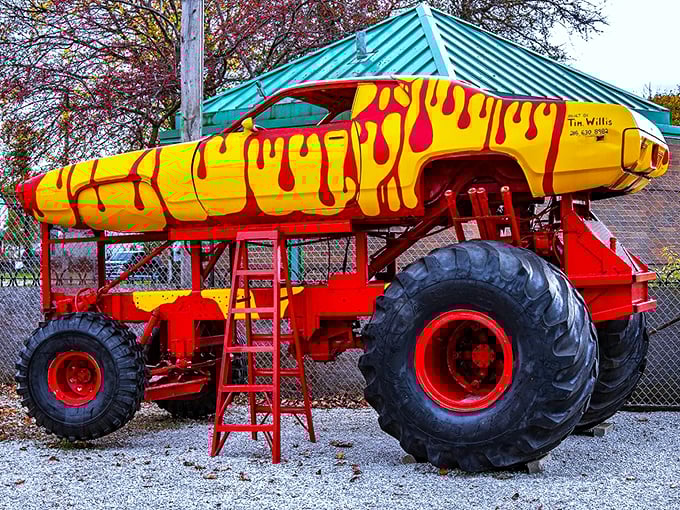 "For when you absolutely, positively need to crush every pothole in sight." This beast of burden puts the 'monster' in monster truck, with a paint job that screams "caution: hot stuff coming through!"