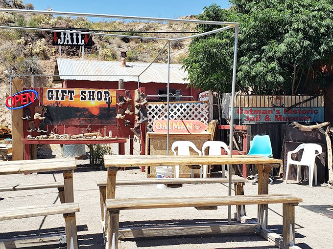 Outdoor dining with a side of rugged charm. Those umbrellas are like oases in a desert of delicious possibilities. 
