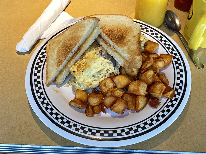 This omelette is so stuffed, it's practically doing the Philly lean. A cheese steak in egg form? Yes, please!