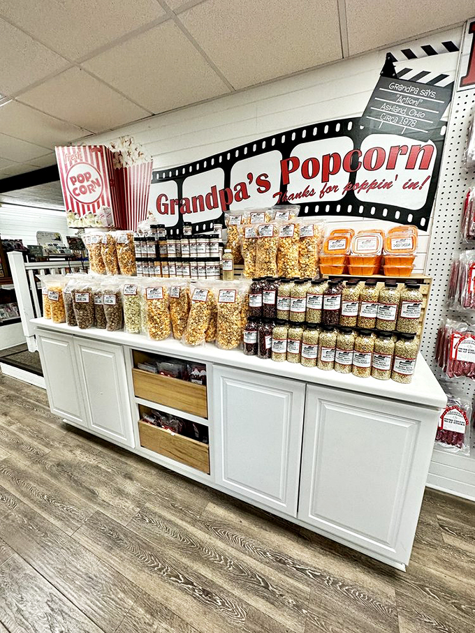 Pop, pop, hooray! Grandpa's popcorn selection is poppin' with flavor. From classic butter to wild concoctions, it's a kernel of happiness in every bite.