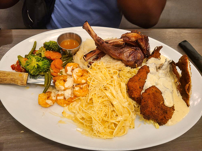 A plate that can't make up its mind&mdash;in the best possible way. Land and sea unite in this generous feast.