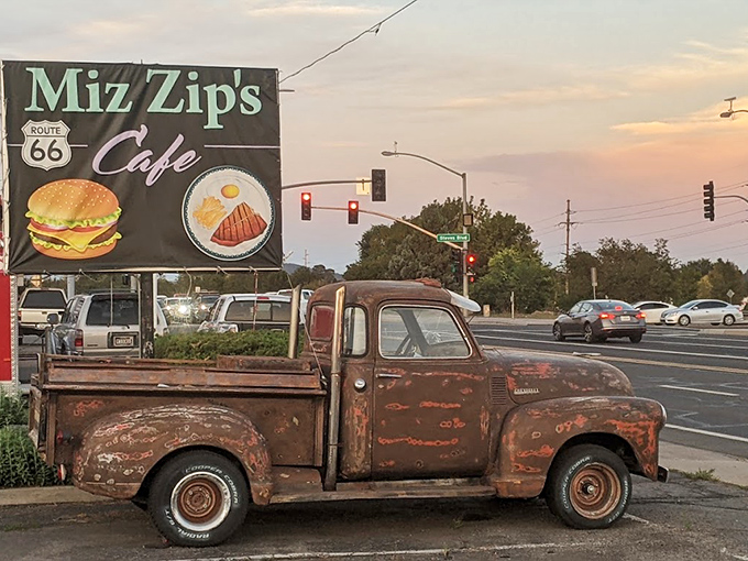 Rust never sleeps, but it sure makes for a great photo op. This vintage truck and Miz Zip's sign are pure Americana.