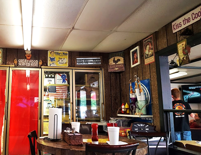 Wall-to-wall personality! This eclectic decor is like your cool grandma's attic and a diner had a beautiful baby.