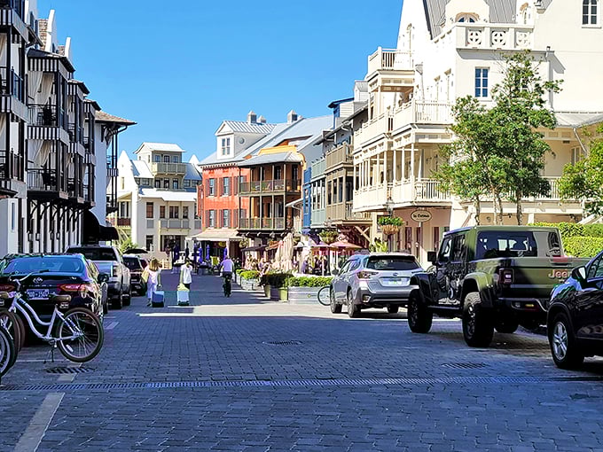 Cyclists and pedestrians share the cobblestone streets, where every building tells a story of coastal charm and Southern grace.