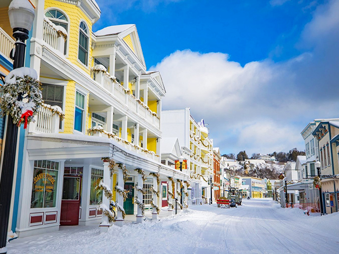 Sunshine and snow: nature's way of giving Mackinac a fresh coat of paint and a sprinkle of magic.