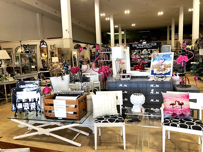 Pink flamingos and vintage vibes collide! This display is what happens when Miami Vice meets your cool aunt's living room.