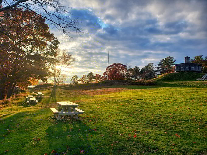 Golden hour magic! The setting sun paints the fort and grounds in hues that'd make even Bob Ross reach for his palette.