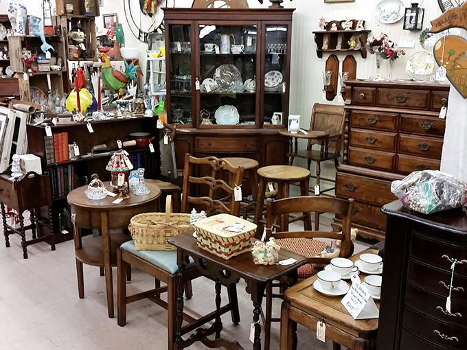 A furniture United Nations where mid-century modern shakes hands with Victorian elegance. Who knew time travel could be so stylish?