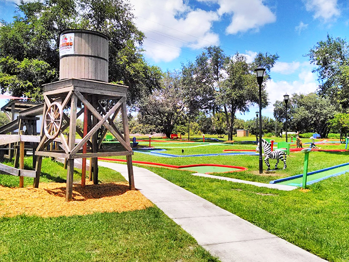 All aboard the mini-golf express! This charming water tower oversees a landscape of family fun and friendly competition.