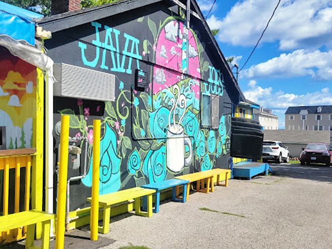 Who needs wallpaper when you can have a caffeinated fever dream? This mural is giving serious 'Yellow Submarine' vibes, minus the Beatles.