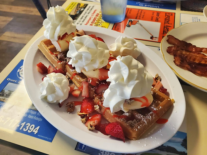 Waffles so loaded, they're the bodybuilders of the breakfast world. Each bite is a delightful dance of sweet and savory.