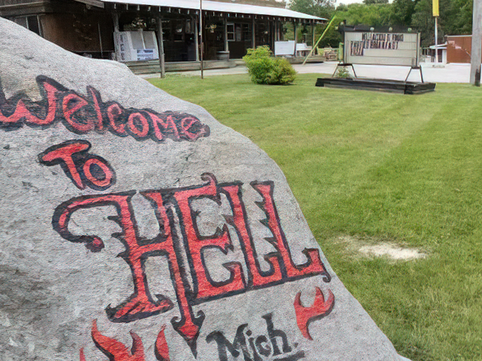 "Welcome to Hell... Michigan! Where the puns are hot, the people are cool, and the photo ops are devilishly good." Photo credit: Detroit Free Press