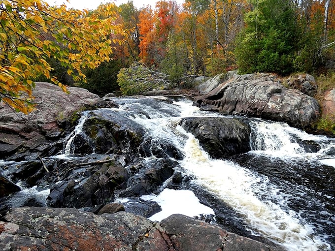 Cascading waters paint a masterpiece on dark basalt canvas, framed by towering hemlocks and pines.