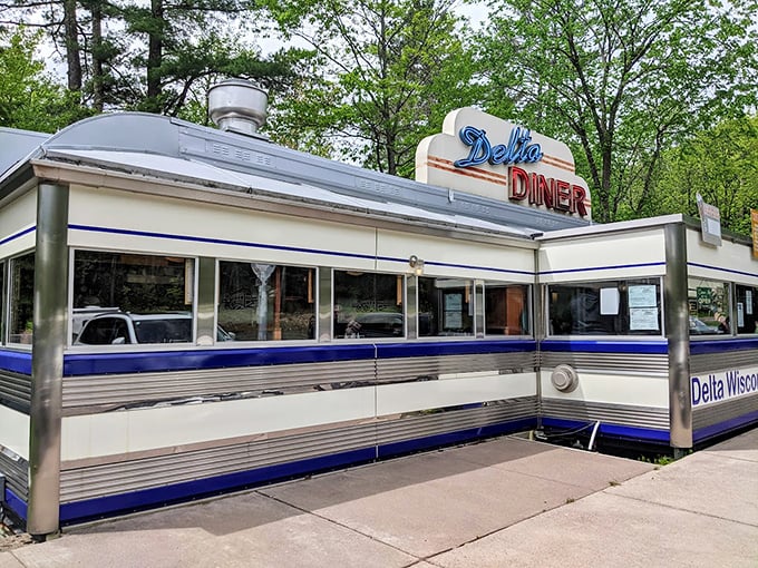 Shiny, happy diner in the woods! Delta's like finding a chrome spaceship full of pancakes.