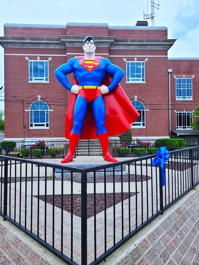 Up, up, and... stay put! Metropolis' Man of Steel stands guard, no phone booth required.