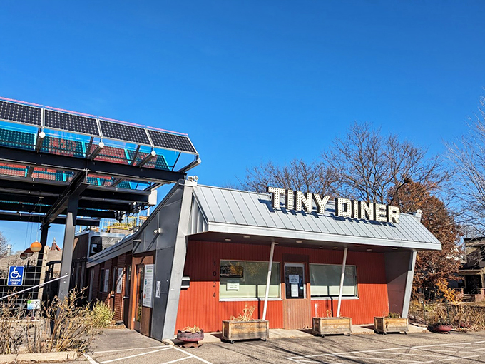 Farm-to-table gets a retro twist! Tiny Diner's rooftop garden and solar panels prove that sustainability can be deliciously cool.