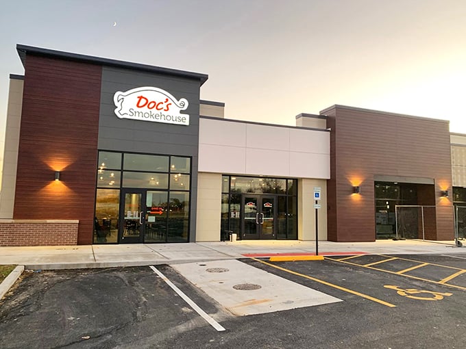 Sunset BBQ dreams! As day turns to night, Doc's glowing sign beckons meat lovers like a smoky lighthouse.