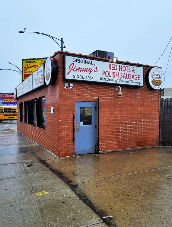 Rain or shine, the hot dog line forms here! Jimmy's Red Hots' timeless appeal draws devotees like moths to a delicious flame.