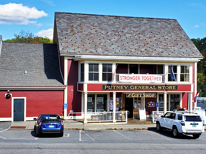 Red, white, and "ooh, look at that!" The Putney General Store's facade is more eye-catching than a Super Bowl halftime show.