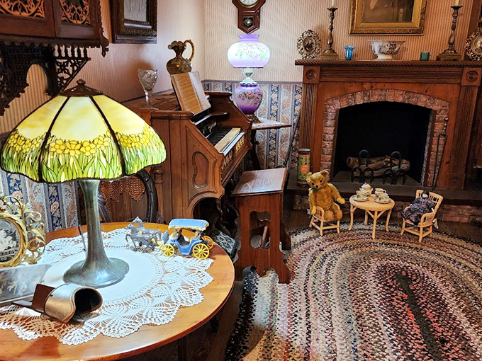 Victorian elegance meets frontier practicality in this parlor. Is that Tiffany lamp available on Amazon Prime?