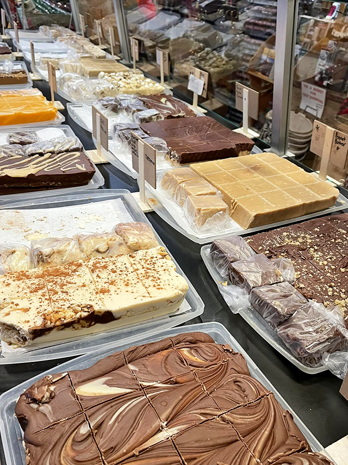 Fudge heaven! With more flavors than a Baskin-Robbins, this display is a chocoholic's dream come true.