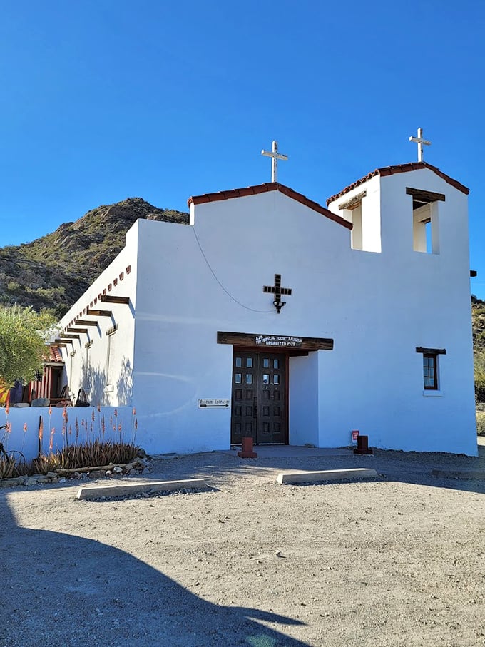 A mission-style museum that tells Ajo's stories, framed by towering palms and endless blue skies. Photo credit: Julie Goldammer