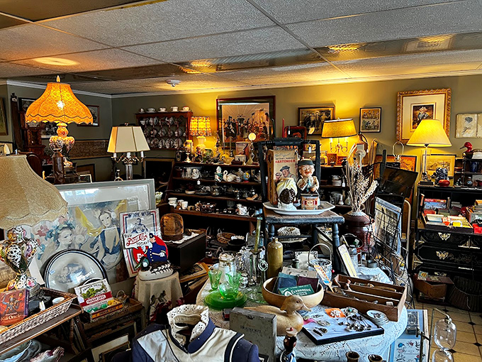 Vintage lamps cast a warm glow over an eclectic collection that would make any set decorator swoon.