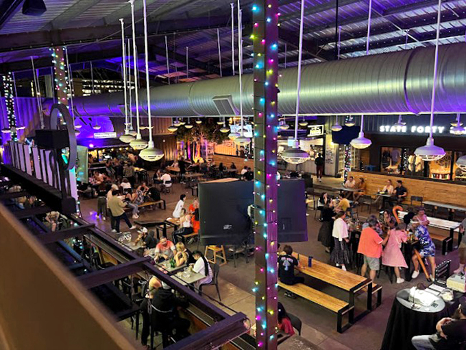 When the sun sets, The Churchill transforms into a twinkling urban oasis where string lights create magic overhead.