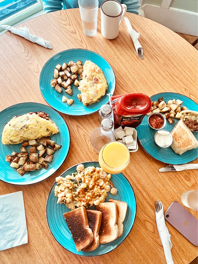 A breakfast spread that would make Ron Swanson weep with joy &ndash; omelets, potatoes, and toast ready for their close-up.