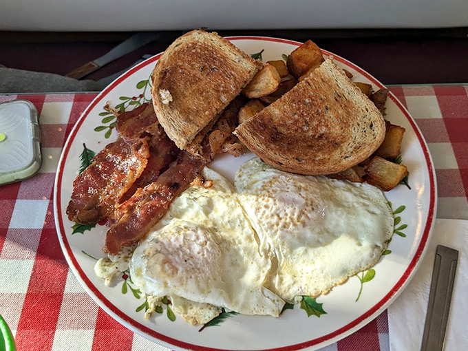 A classic breakfast plate that proves sometimes the simplest things in life – eggs, toast, and home fries – are the best.