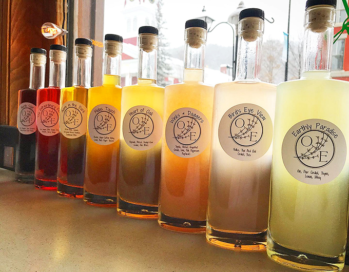 Like a rainbow of liquid possibilities, these house-made cocktail mixers line up like soldiers ready for duty.
